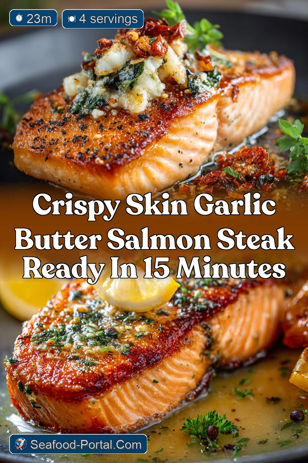 15Minute Garlic Butter Salmon Steak Crispy Skin PanSeared…